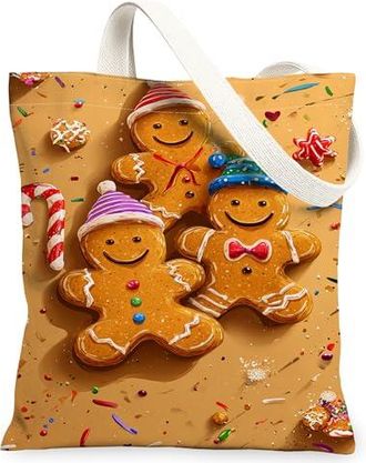 Generic Sacs fourre-tout en toile motif biscuits au pain d&eacute;pices, sacs r&eacute;utilisables, confortables pour lhiver, l&eacute;gers et lavables, marron, 13x15 Inch