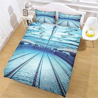 Generic Housse de Couette 140x200 Piscine Parure de Lit 1 Personne Eau Bleue dune Piscine 3 Pi&egrave;ces Housse Couette en Microfibre Douce Imprim&eacute; 3D avec 2 Taies 