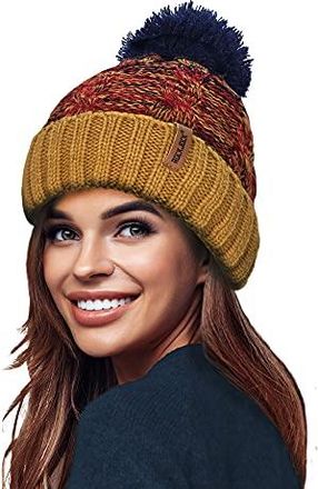 RockJock STORMACTIVE 100% Imperméable Dames Unisexe Chunky Ombre Chaud Hiver Teddy Doublé Tricoté Pompon Bonnet Bonnet-Taille Unique-Moutarde/Marine