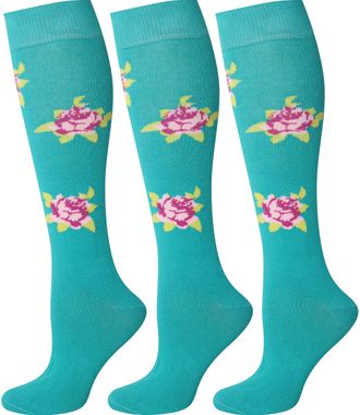 MySocks 3 Paare Kniestr&uuml;mpfe Blume Socken Gr&uuml;n Rose