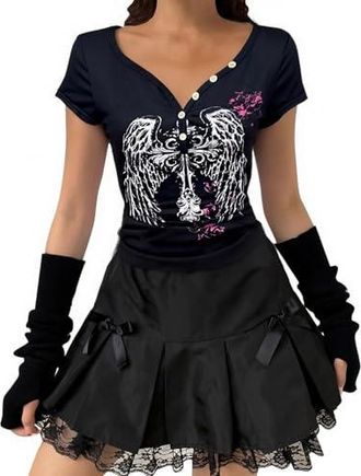 Generic Y2k Emo Grunge-Shirts T-shirt graphique vintage pour femme ann&eacute;es 2000 T-shirt &agrave; manches courtes punk gothique T-shirts adolescentes streetwear &eacute;t&eacute; T-