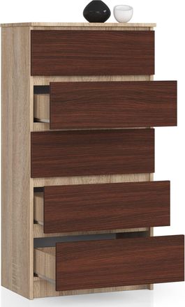 Generic Kommode mit 5 Schubladen, Sideboard, Multifunktionsschrank, Wohnzimmer, Esszimmer 60x121x40cm (Eiche Sonoma/Venga)