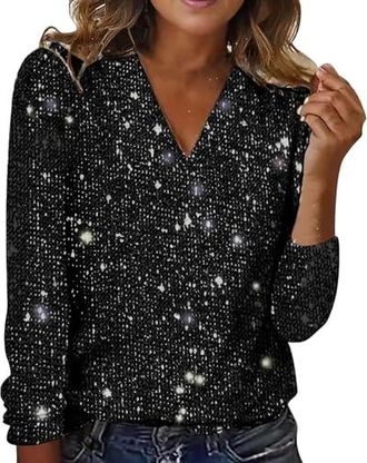 Generic Haut festif &eacute;l&eacute;gant pour femme - Col en V - Manches longues - Paillettes - T-shirt d&eacute;contract&eacute; - Coupe ample - Tunique &agrave; manches longues - Chemisier d
