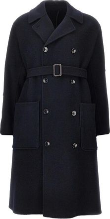 Emporio Armani Manteau crois&eacute; en laine avec ceinture - Femme - Manteaux - Bleu - Taille: 46 FR