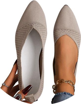 Minetom Damen Ballerina Flache Schuhe Spitze Zehe Strick Kleid Schuhe Slip On Sommer Walking Flats Loafer F&uuml;r Frauen Bequem Weich A Khaki 40 EU