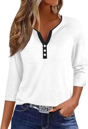 Generic HUIFUAO T-Shirts pour Femmes, T-Shirts dété à Boutons avec col en V et Manches 3/4 pour Femmes, Haut rayé de Couleur, t-Shirt dété Basique pour Femme,