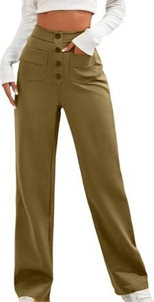 Generic Pantalon en Lin Europe and The United States Fashion New Womens Casual Straight Leg Pants High Waist Button Elastic with Multiple Pockets Pantalon Chi