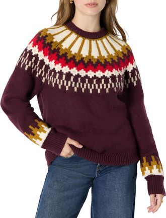 Amazon Essentials Damen Fair-Isle Oversize-Pullover mit Rundhalsausschnitt, Dunkles Burgunderrot Creme Gestricktes Zickzackmuster, XXS