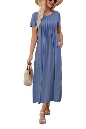 Kilig Cosmetics Robes d&eacute;t&eacute; pour Femmes, Robe Longue &agrave; Manches Courtes, Robe Longue pliss&eacute;e avec Poches Blue 01, M