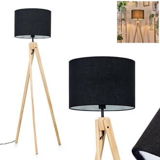 HOFSTEIN Stehleuchte Bassagoda, Stehlampe aus Holz/Stoff in Naturfarben/Schwarz/Weiß, Leuchte im skandinavischen Design mit rundem Schirm (Ø 40 cm) u. Fußschal