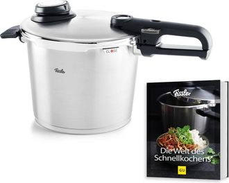 FISSLER Vitavit Premium/Schnellkochtopf-Set (6 L, &Oslash; 22 cm) + Gratis D&auml;mpf-Einsatz & Schnellkochtopf-Buch, Edelstahl-Dampfkochtopf,4-Garstufen - Induktion