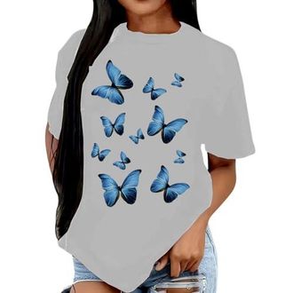 Generico T-shirt dété ample et extra large à manches courtes pour femme avec imprimé bleu, grande taille, tenue de lumière noire avec col rond, gris clair, XXL