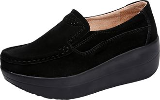 Rismart Damen Wildleder Sneaker mit Keilabsatz Plateauschuhe Slip on Loafer Schwarz, 38 EU