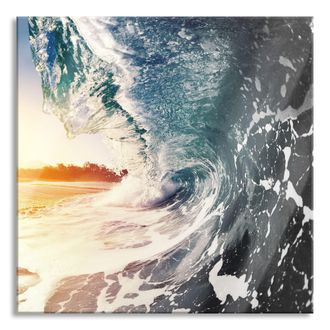 Pixxprint Glasbild, Wandbild auf Echtglas, Riesen Welle bei Sonnenaufgang, 50x50 cm, inkl. Aufhängung und Abstandshalter