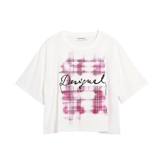 Desigual Femme, Tops, Blanc, Taille: 38 FR T-shirt imprim&eacute; en coton avec col rond et manches courtes