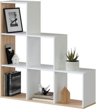 PEGANE Biblioth&egrave;que escalier cube coloris ch&ecirc;ne candiene / blanc artic - Hauteur 110 x Longueur 108 x Profondeur 28 cm -PEGANE