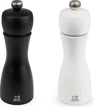 Peugeot Mühlenset Tahiti 15 cm Pfeffermühle und Salzmühle - Stahlmahlwerk - Klassische Mahlgradeinstellung - Aus Holz mit PEFC-Siegel - Schwarz Weiß