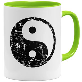 OM3 Yin and Yang Symbol Kaffee-Tasse - Keramik Becher - 11oz 325ml - Beidseitig Bedruckt - Hellgr&uuml;n