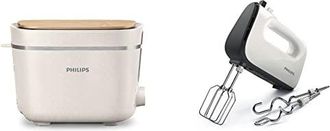 Philips Toaster Eco Conscious Edition - 2 Toastschlitze, 8 Stufen, Brötchenaufsatz, Auftaufunktion, aus Altspeiseöl, seidenweiß-matt (HD2640/10) & Philips HR3