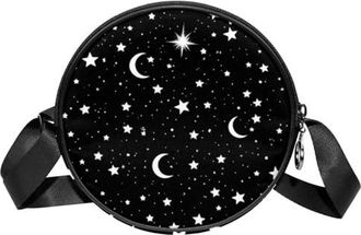 Generic Petit sac &agrave; bandouli&egrave;re circulaire pour femme, motif &eacute;toiles et lune, sac &agrave; dos avec fermeture &eacute;clair, bretelles r&eacute;glables, sac &agrave; main rond d&eacute;contract