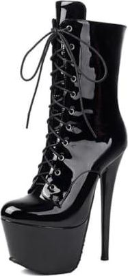Generic Bottines De Cheville À Plateforme Audacieuses Femme Lacets Talons Aiguilles Cuir Brillant Vibrantes Fêtes Clubs Soirées,Black Patent Leather,35 EU