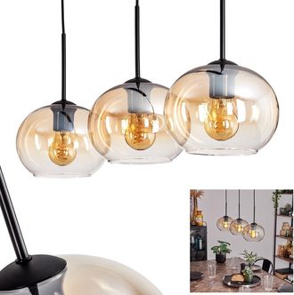 HOFSTEIN H&auml;ngeleuchte Apedo, H&auml;ngelampe aus Metall/Glas in Schwarz/Bernsteinfarben/Klar, Vintage/Retro Design mit Schirmen aus Glas (&Oslash; 20 cm), H&ouml;he max. 150 cm