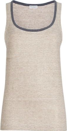 Brunello Cucinelli Femme, Tops, Brun, Taille: 36 FR Haut sans manches &agrave; rayures et col rond