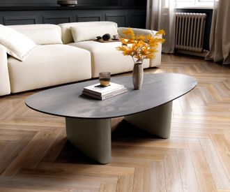 DELIFE Couchtisch Edge Oval 140x75 cm Keramik Beton Grau Ovada Effektfinish Titan, Couchtische