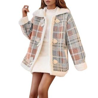 Generico Manteau dhiver avec boutons, veste en polaire à carreaux, manches longues, veste confortable et chaude pour extérieur, manteau en tissu pour femme, au