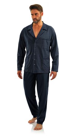 Sesto Senso Herren Schlafanzug Lang Pyjama Knopfleiste 100% Baumwolle Kn&ouml;pfe Langarm Shirt Taschen Pyjamahose Zweiteilig Set Nachtw&auml;sche 4XL Anker dunkelblau