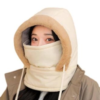 Generic Chapeau thermique &eacute;pais doubl&eacute; en peluche avec masque facial, chapeau de ski coupe-vent 3 en 1 pour homme et femme, chapeau dhiver pour le froid, beig