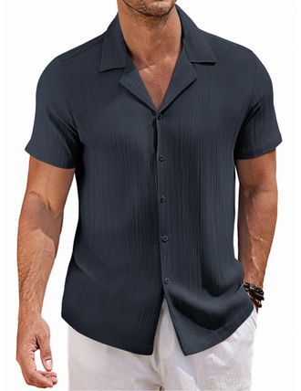 Coofandy Herren Kurzarmhemd Kuba Kragen Hemd Kurzarm Casual Freizeithemd Männer Haiwaiihemd Gestreiftes Guayabera Shirt Blau Violett XL
