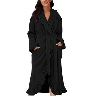 Generic Peignoir long et chaud pour femme avec volants pour lhiver, Noir, XL