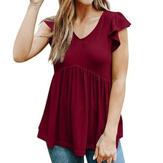 Janly T-shirts femmes des ann&eacute;es 80 Haut d&eacute;t&eacute; pour femme avec col en V Manches &agrave; volants pour une &eacute;l&eacute;gance d&eacute;contract&eacute;e T-shirt design swing T-shirt grandes