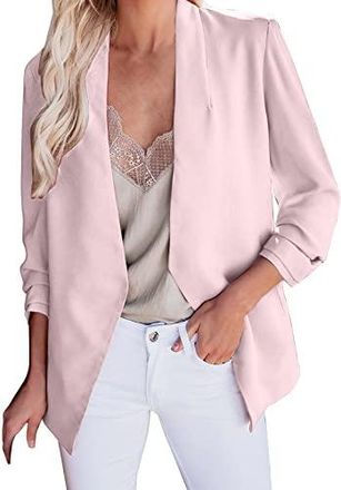 Generic Vestes pour femmes 2026 &agrave; la mode d&eacute;contract&eacute;e unie &agrave; manches longues ouvert sur le devant crant&eacute; costume cardigan veste manteau, rose, XXL