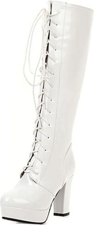 SJJH Bottes hautes avec lacets crois&eacute;s pour femme pour les soir&eacute;es et la vie quotidienne, talon de 10 cm, fermeture &eacute;clair lat&eacute;rale, Blanc., 35 EU