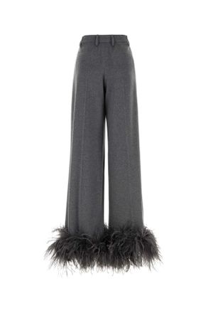 Prada Womens Feather-Trimmed Cashmere Trousers Gray Meleagris Gallopavo Struthio