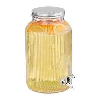 Relaxdays Getr&auml;nkespender, Limobeh&auml;lter geriffelt, 5 L, Zapfhahn & Deckel, Wasserspender, Glas & Eisen, transparent