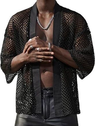 Feoya Gilet Transparent Homme Debardeur Maille Sexy Fishnet D&eacute;guisement Disco Chemises Brillant