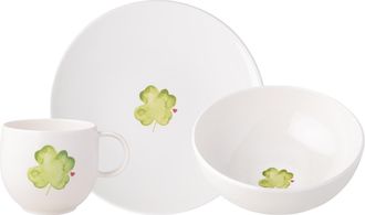 Villeroy & Boch With Love Frühstücks-Set Good Luck 3-teilig | Frühstücksteller (21 cm), Müslischale (17 cm) und Henkelbecher (290 ml) | Geschirr mit Kleeblatt-Motiv |