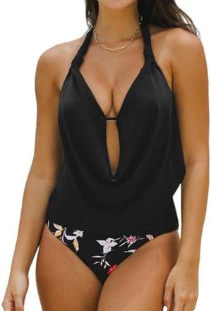 Cupshe Maillot de bain tankini dos nu pour femme Col bénitier Dos nu, Noir/tropical, Taille XL