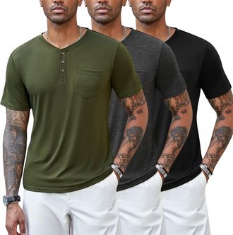 Coofandy Henley Shirt Herren 3er Pack Kurzarm T-Shirt Basic Shirts mit Knöpfe Männer Oberteile Tee Schwarz/Dunkelgrau/Armeegrün S