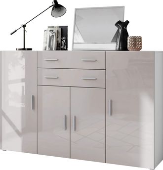 Vladon Highboard Aron Anrichte mit 2 Schubladen und 4 T&uuml;ren mit insgesamt 8 F&auml;cher dahinter, Wei&szlig; matt/Sandgrau Hochglanz (166,5 x 106,5 x 35 cm)