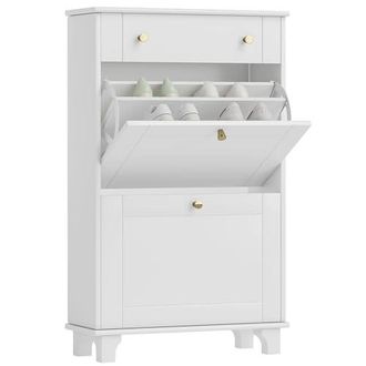 HOMCOM Meuble Chaussure entr&eacute;e &eacute;troit, Armoire &agrave; Chaussures avec tiroirs &agrave; Portes abattants et &eacute;tag&egrave;re r&eacute;glable, Meuble dentr&eacute;e et Couloir 8 Paires, pour ent