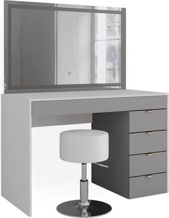 Vicco Coiffeuse Elise, Blanc/gris/gris, 115 cm avec miroir led et tabouret