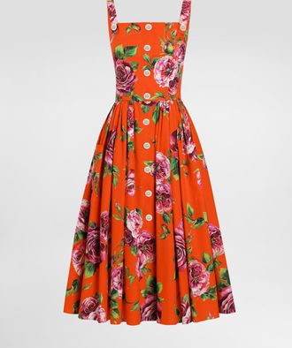 Dolce & Gabbana Trägerkleid Aus Baumwolle Rosenprint - Frau Kleider Drucken 36