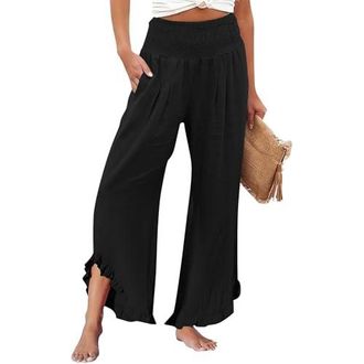 Generic Pantalon en lin pour femme - Coupe ample et d&eacute;contract&eacute;e - Taille haute - &Eacute;lastique - En coton et lin - Avec poches irr&eacute;guli&egrave;res - Jambe large - Panta