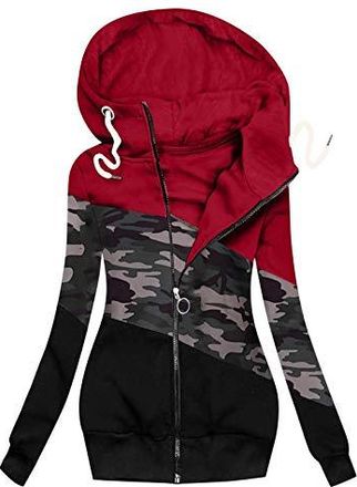 Generic Vestes dhiver &agrave; manches longues pour femmes 2026 - Sweatshirt d&eacute;contract&eacute; imprim&eacute; avec fermeture &eacute;clair - Camouflage, Rouge, S