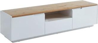 Vente-Unique Meuble TV Amani avec 2 Portes et 1 tiroir - MDF Blanc laqu&eacute; et ch&ecirc;ne Naturel, Design Moderne et &eacute;l&eacute;gant, Grand Espace de Rangement pour Salon Contempo