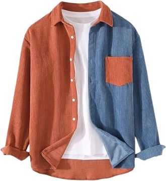 Generic DENGJIAMY Chemise à manches longues en velours côtelé pour homme - Chemise boutonnée décontractée à col - Vêtements tendance avec poche, Orange, XXL